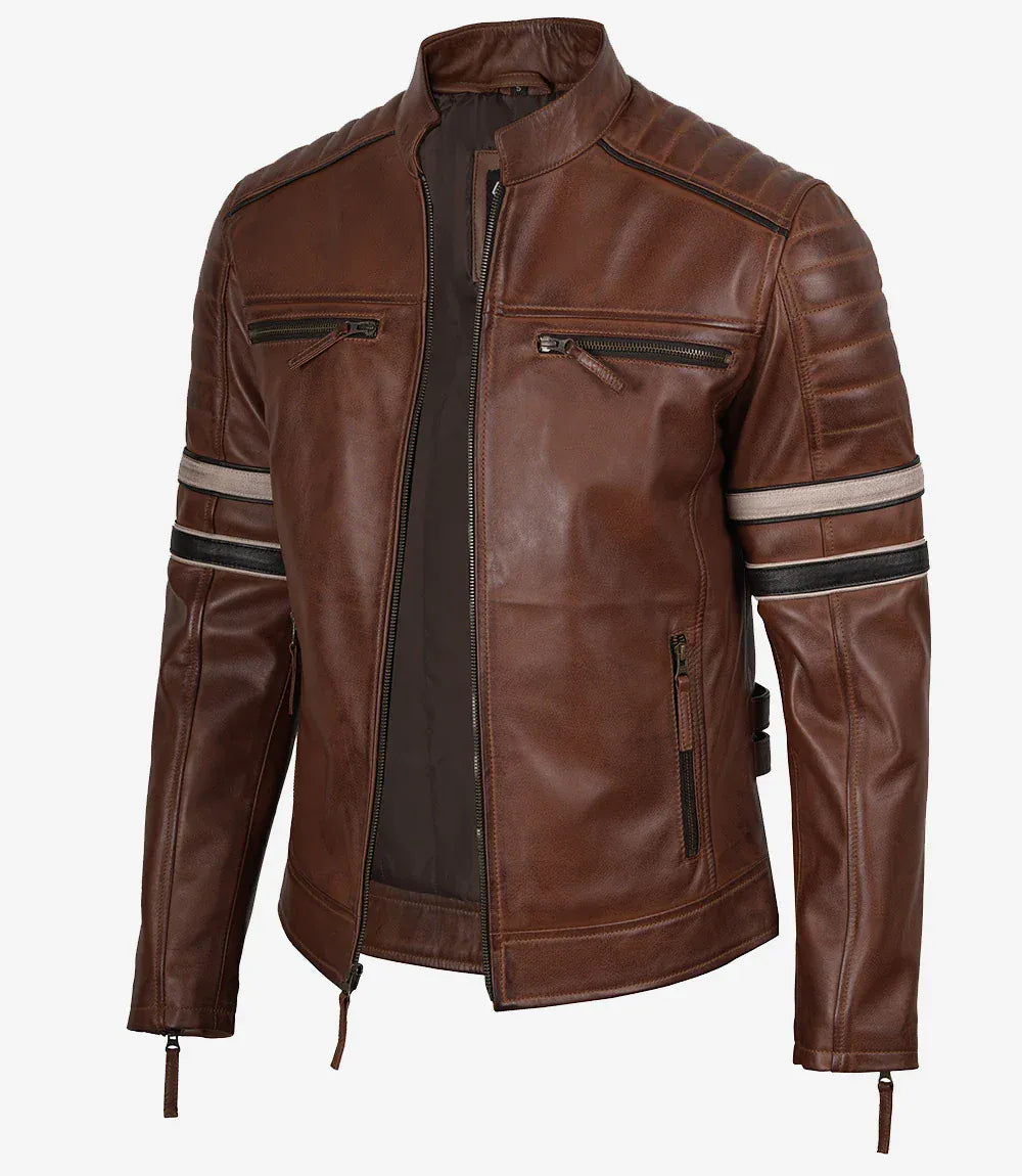 Men's Cognac Brown Leather Racer Jacket with Dual Stripes – Decrum