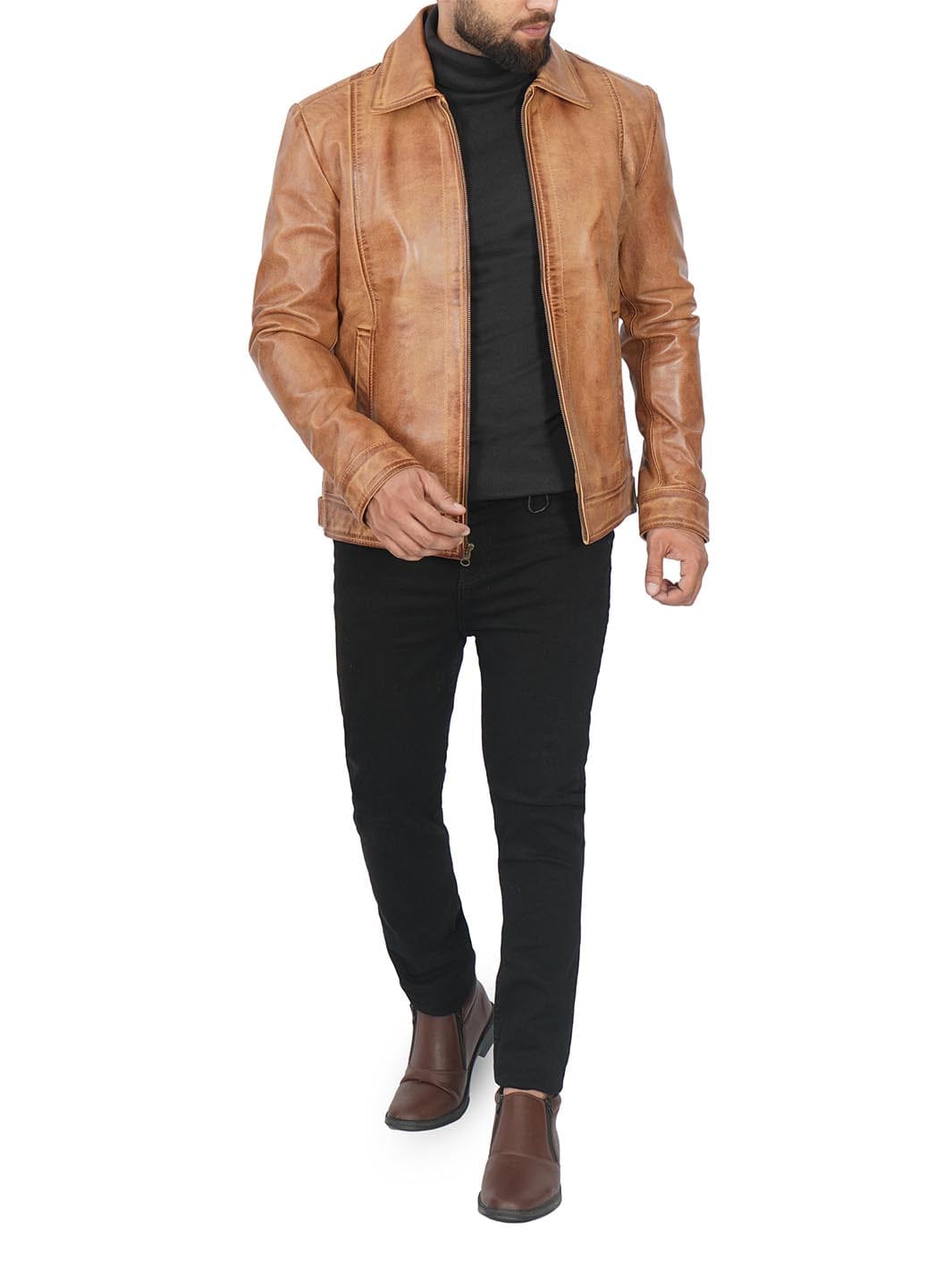 Mens Waxed Camel Motorcycle Leather Jacket – Decrum