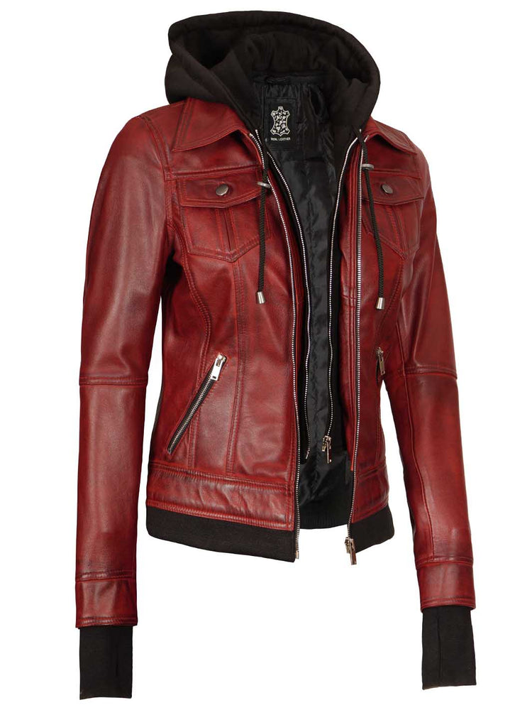 Women Maroon Bomber Leather Jacket With Hood - Real Lambskin – Decrum